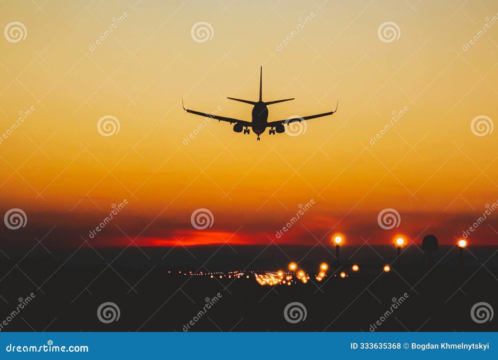 Airplane Landing on the Runway during Sunset and Night Stock Photo ...