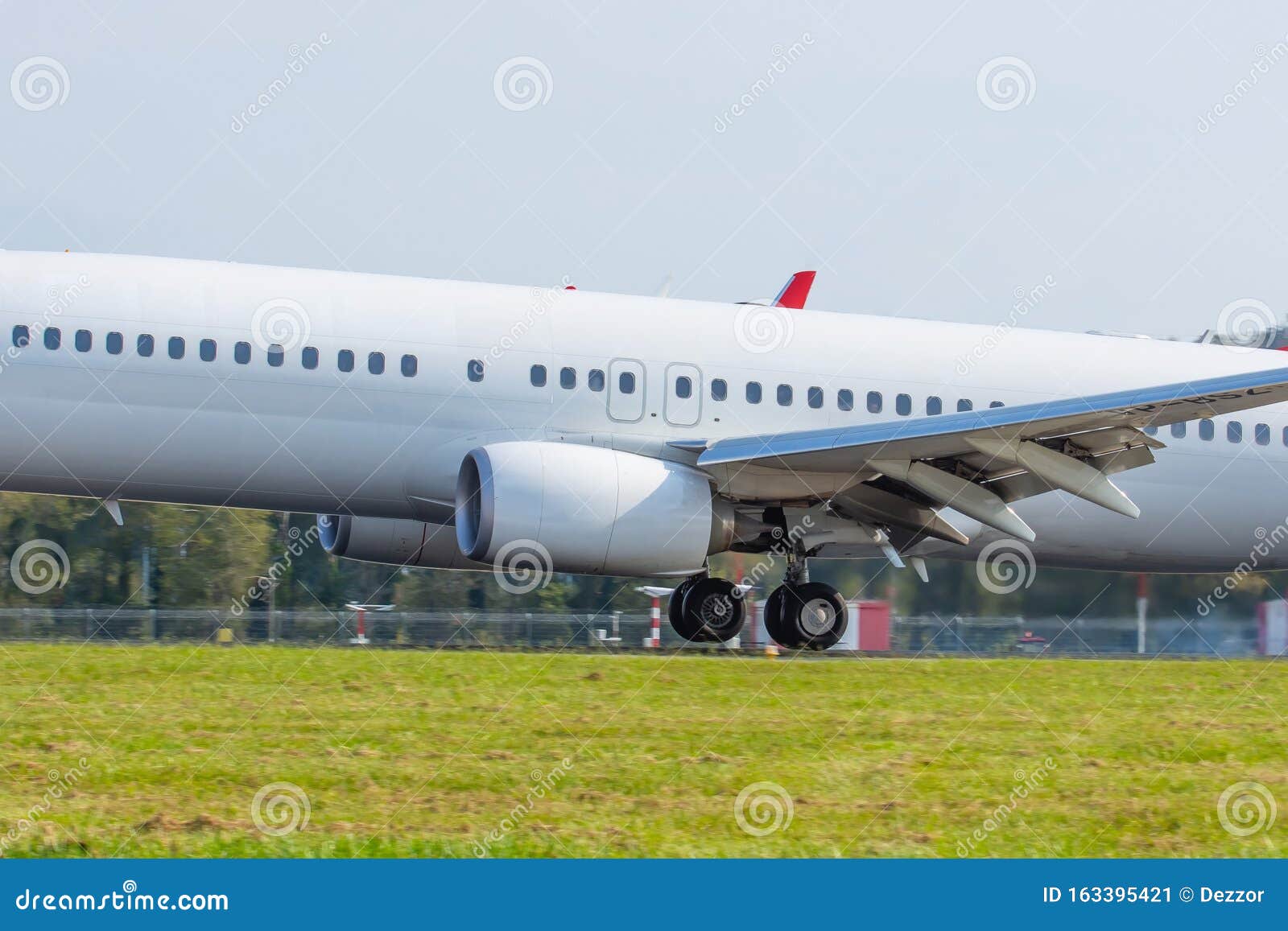 Airplane Landing on Runway Touchdown Close Up Side View Fuselage Stock ...
