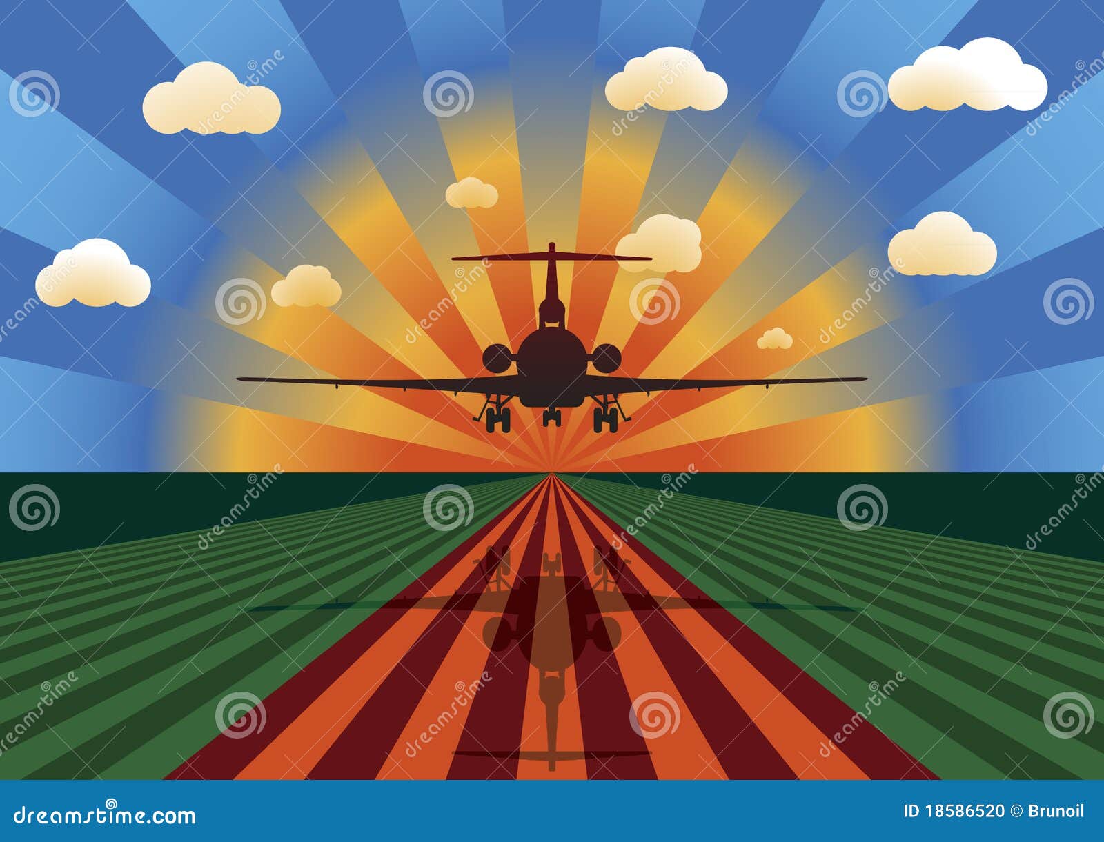 Airplane Landing at Sunset stock vector. Illustration of scenics - 18586520