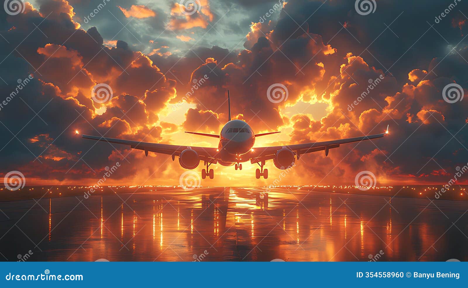 Airplane Landing at Sunset, Fiery Clouds, Runway Reflection Stock ...