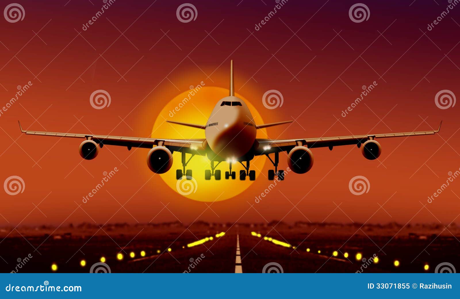 Airplane Landing during Sunset Stock Illustration - Illustration of ...