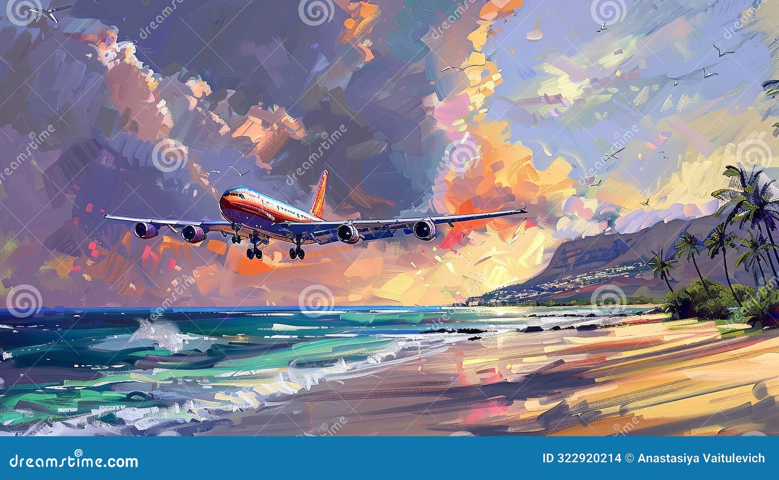 Airplane Landing at Tropical Beach during Sunset Stock Photo - Image of ...