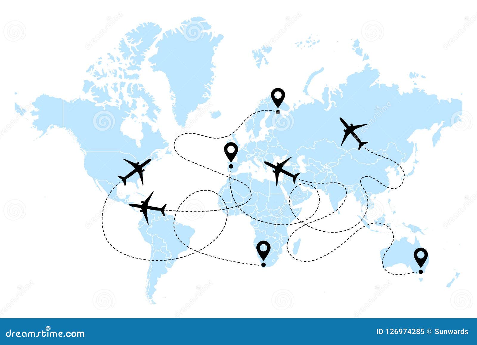 Aircraft Clip Art Icon With Route Path Track In Blue Black White