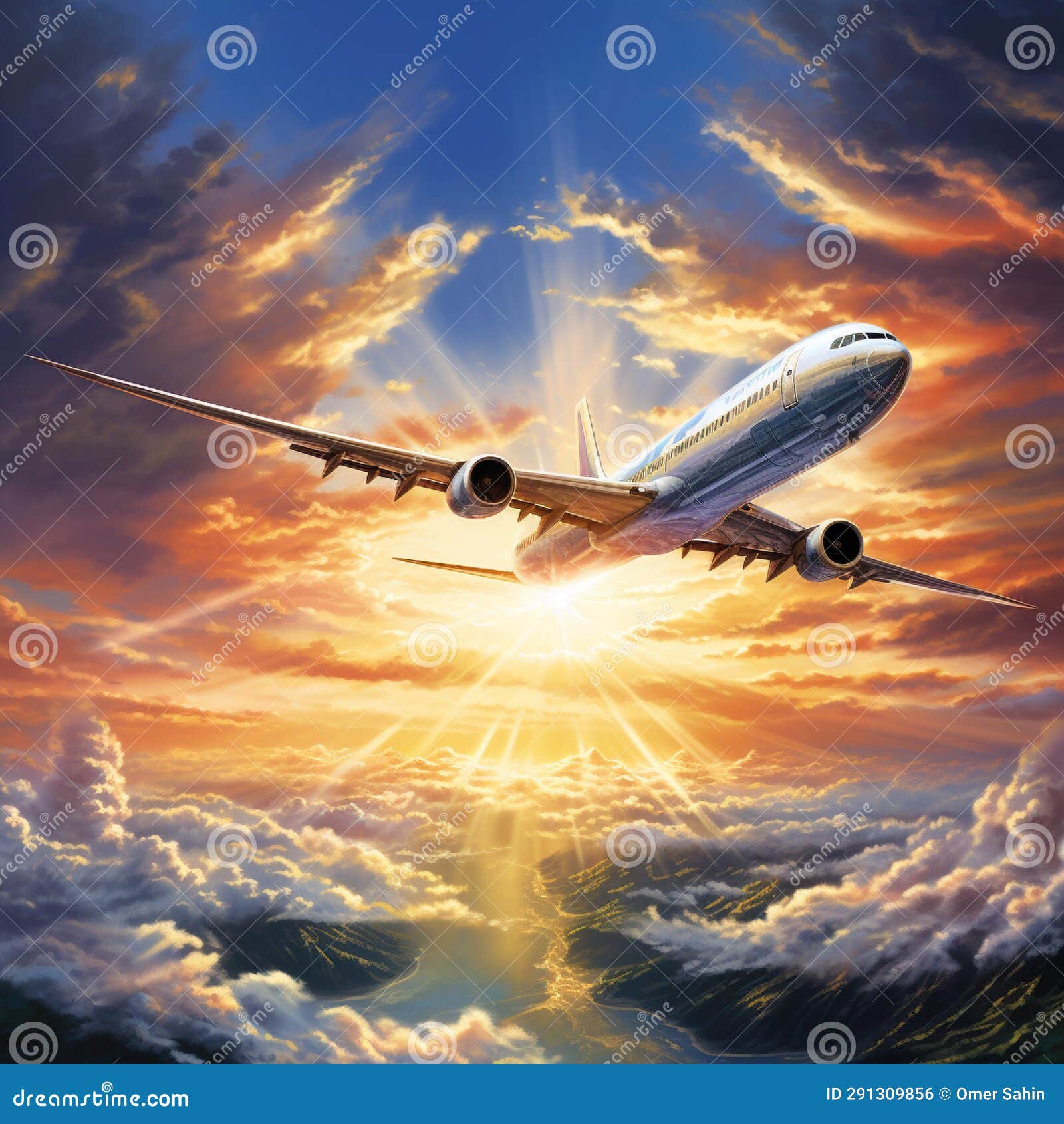 Airplane in Mid-Flight with Dramatic Clouds Resembling a Theater Stage ...