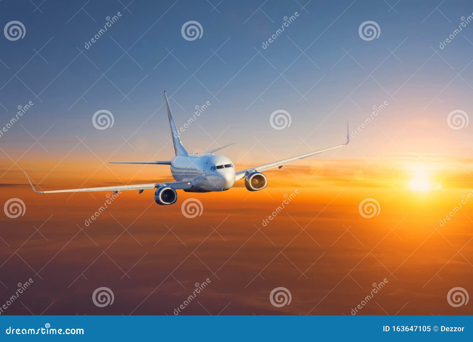 Airplane in the Morning Sky at Sunrise Stock Image - Image of blue ...