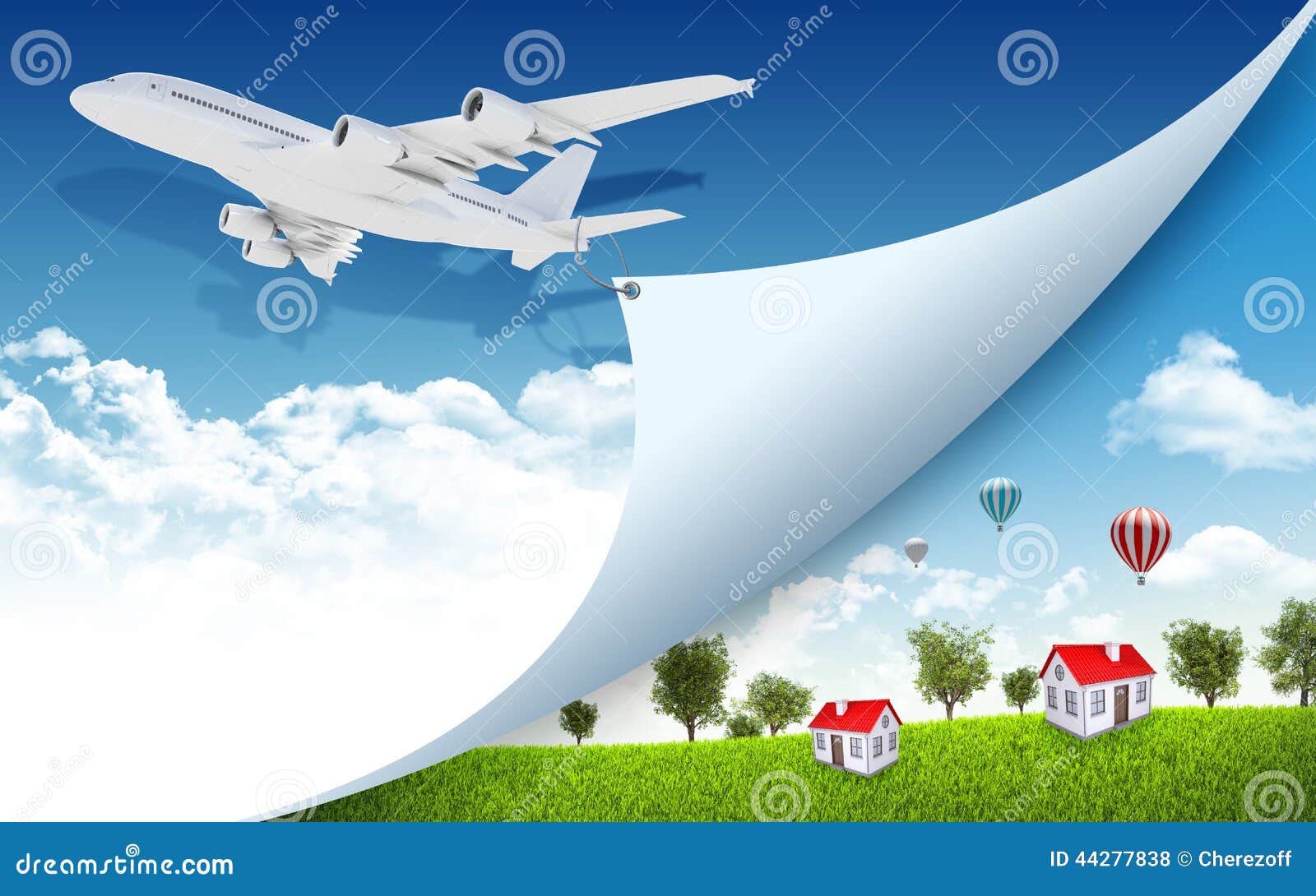 Airplane with Nature Landscape and Houses Stock Photo - Image of cloud ...