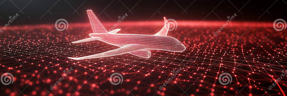 Airplane Network Connection Lines on Red Technology Background, Data ...