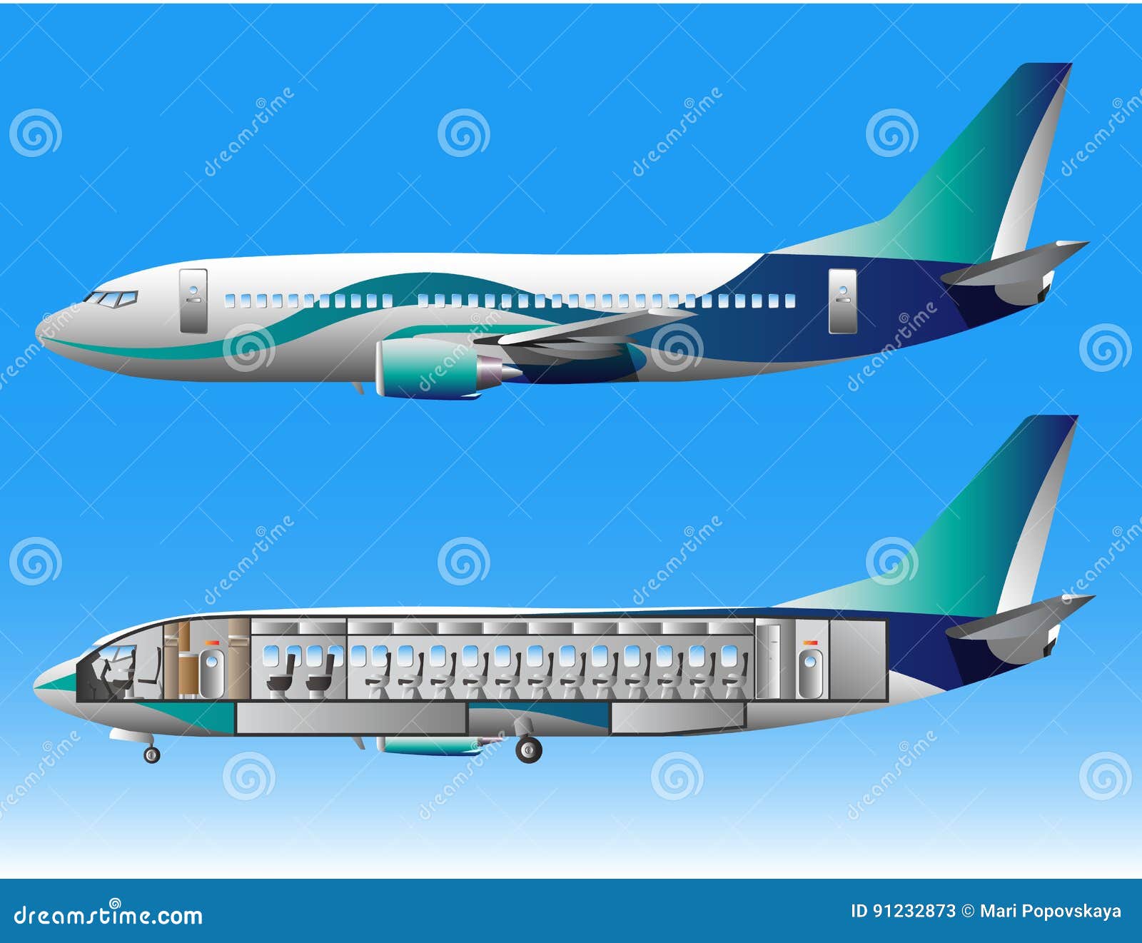Airplane Outside and Inside Stock Vector - Illustration of class ...