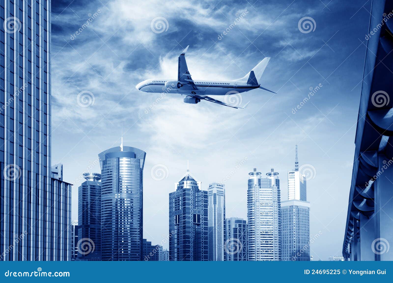 Airplane over the city stock image. Image of tower, takeoff - 24695225