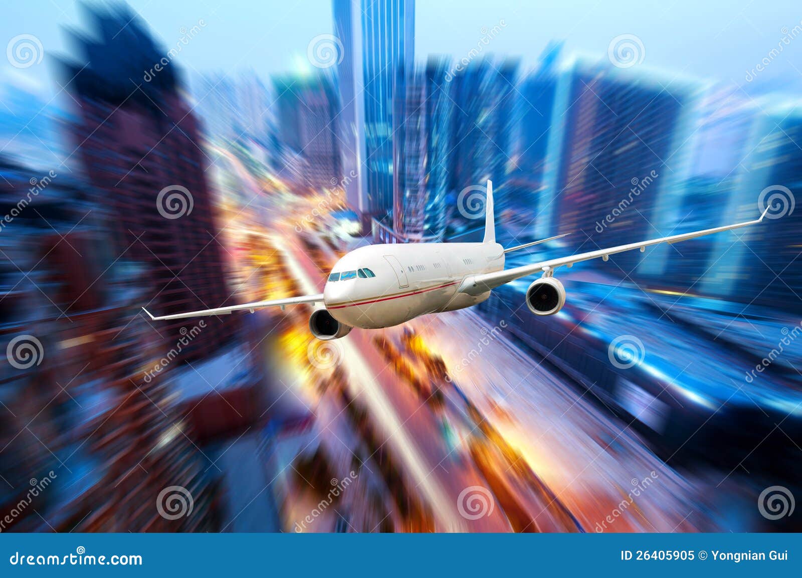 Airplane over the city stock image. Image of vacations - 26405905