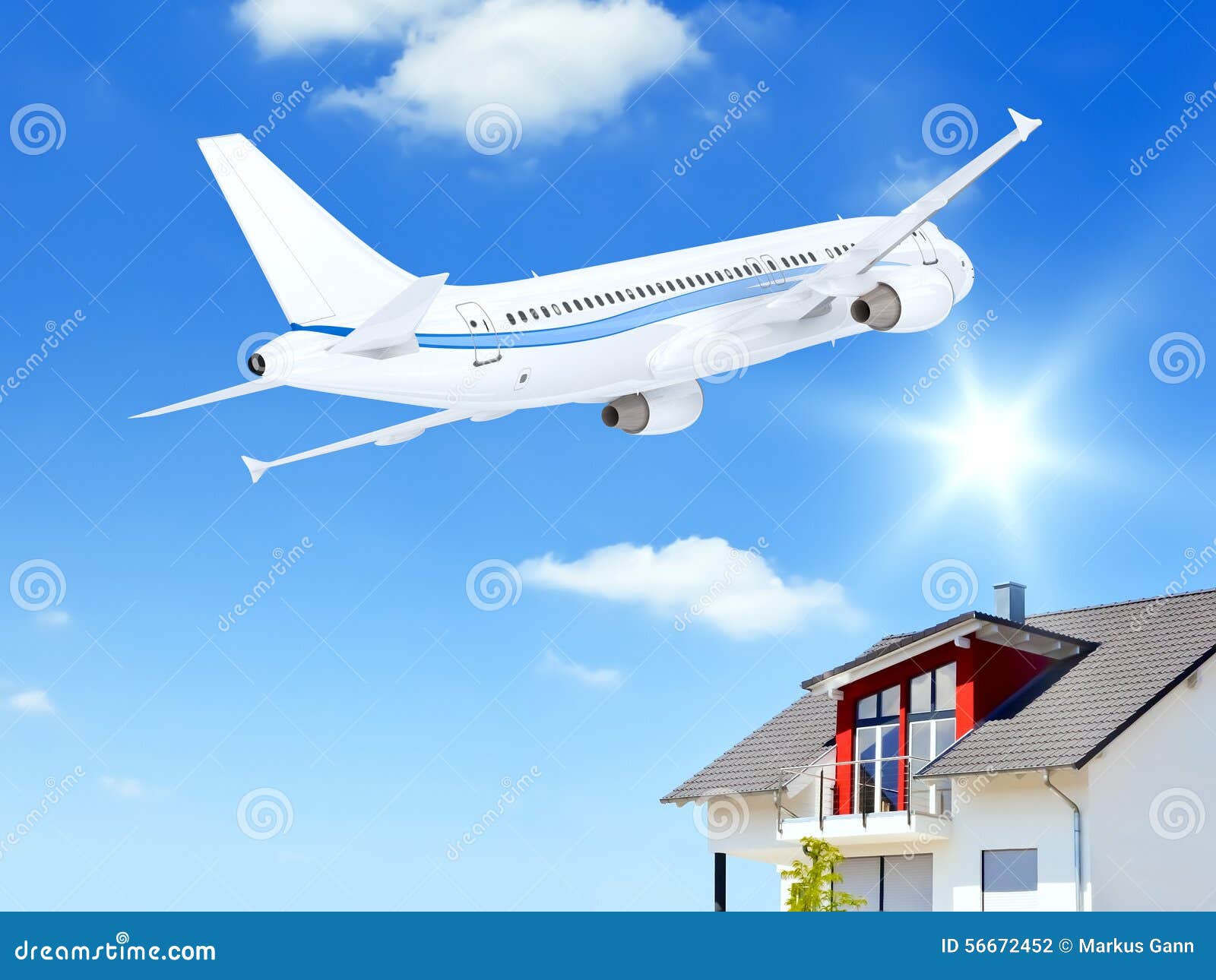 Airplane over house stock illustration. Illustration of travel - 56672452