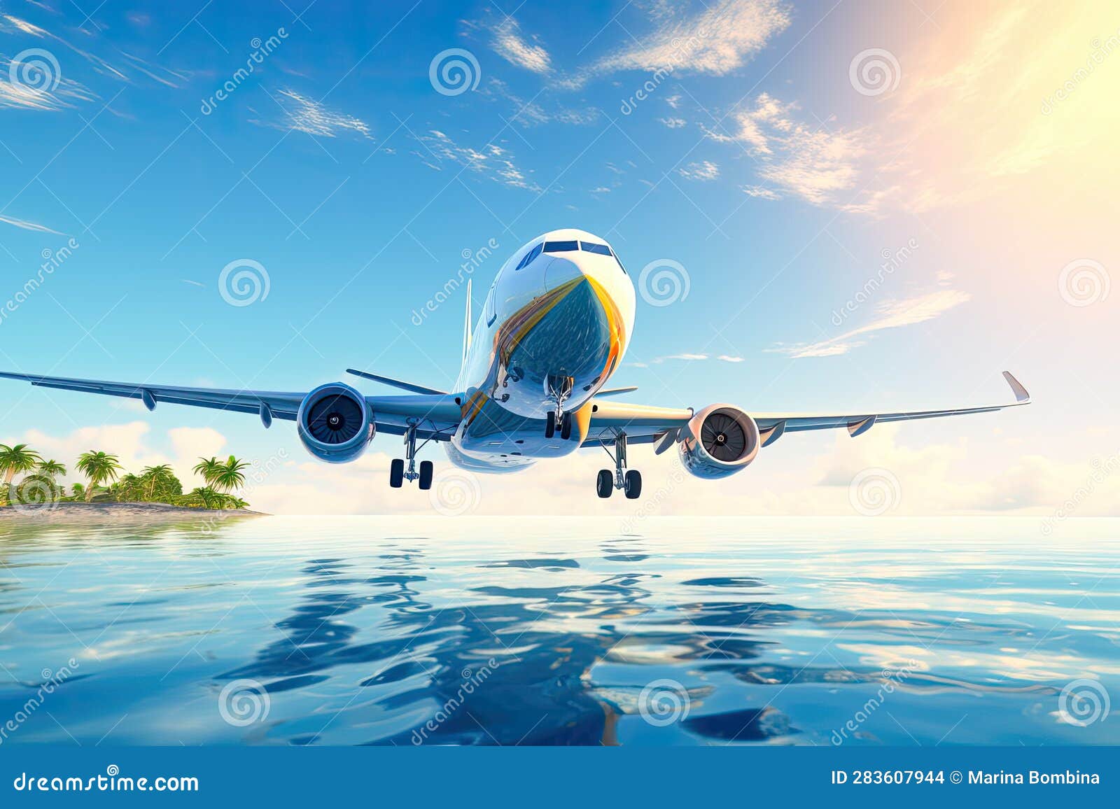 Airplane Over Ocean at Sunny Day Stock Illustration - Illustration of ...