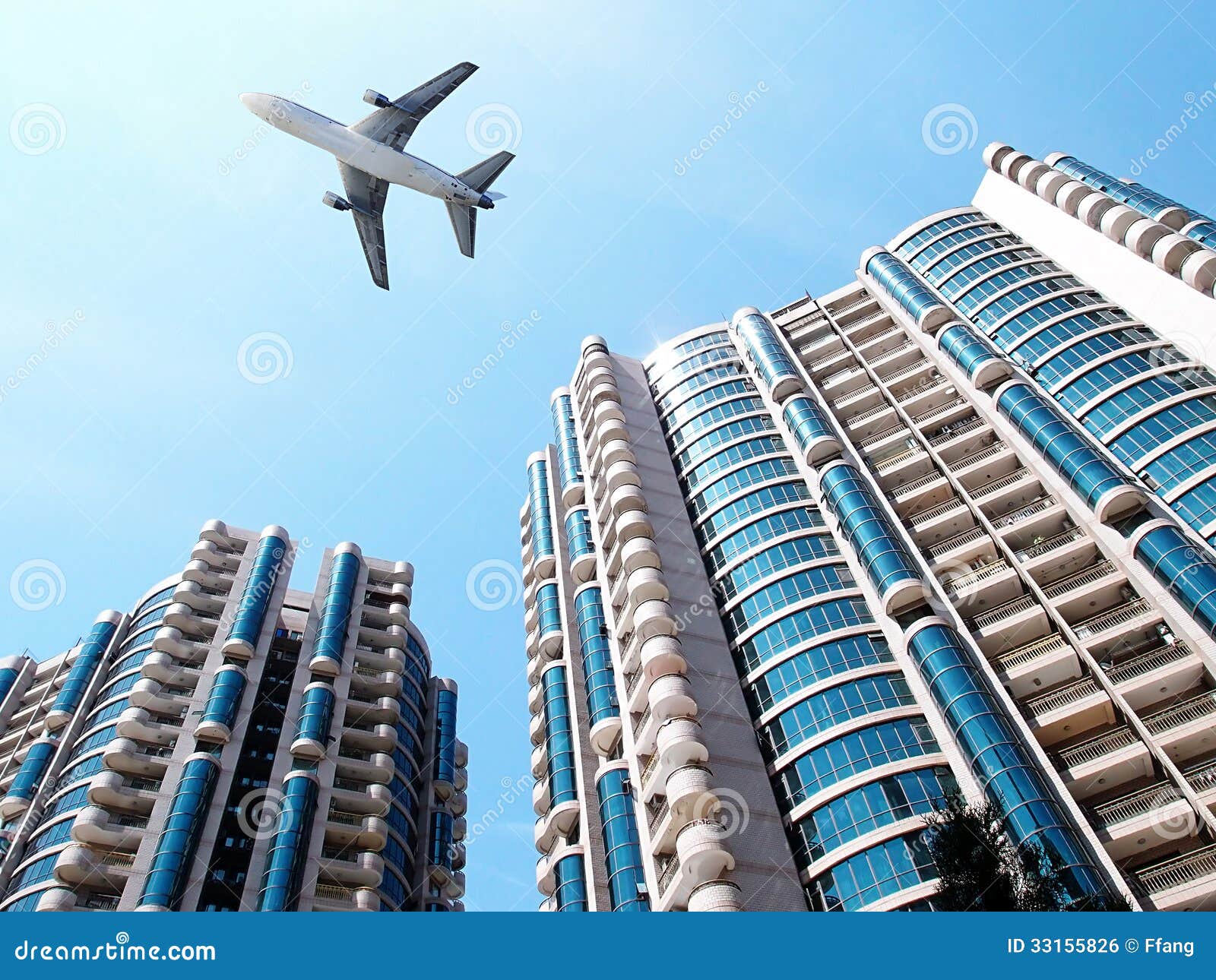 Airplane Over Office Building. Stock Photo - Image of estate ...
