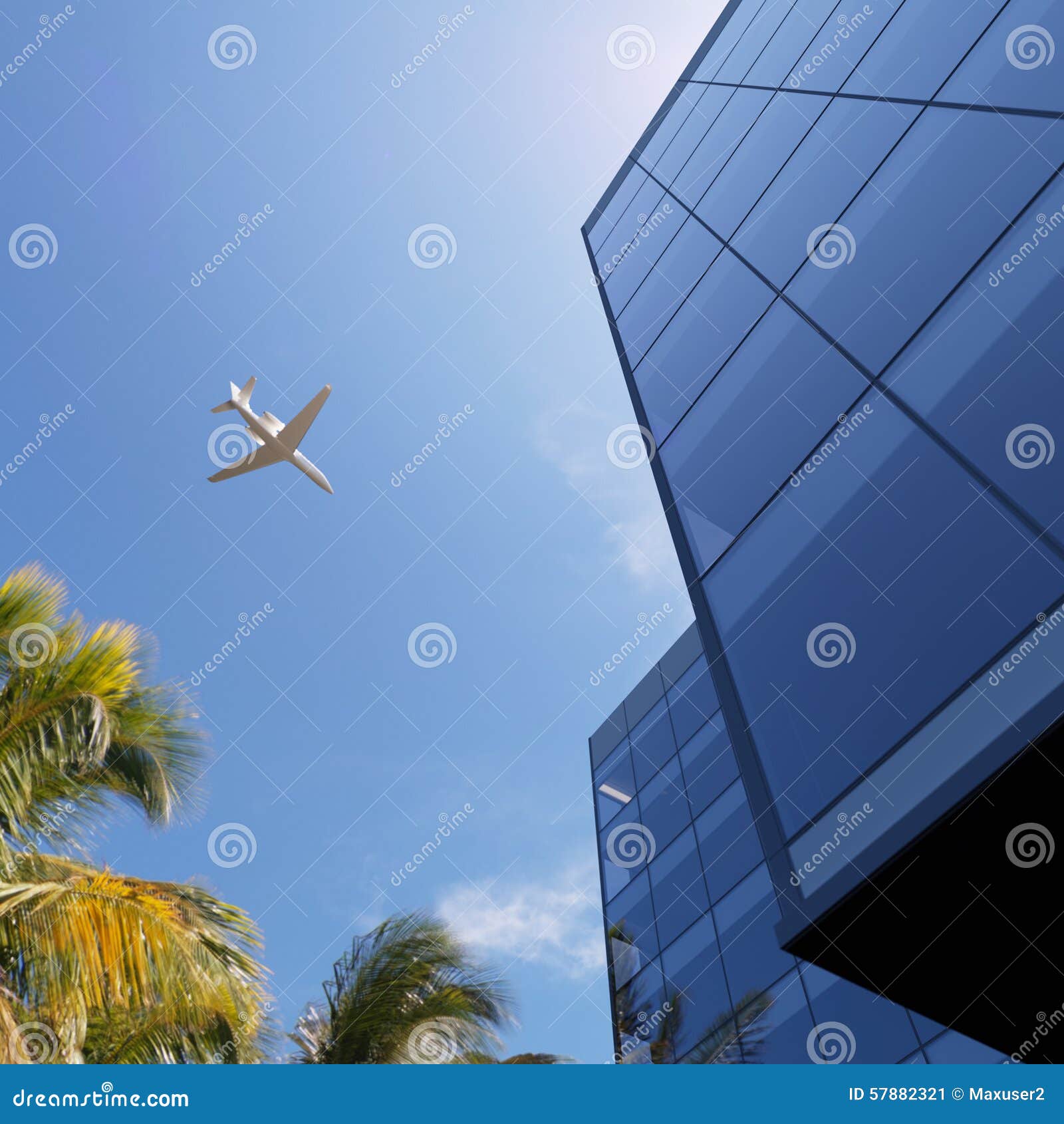 Airplane Over Office Building Stock Image - Image of reflection ...