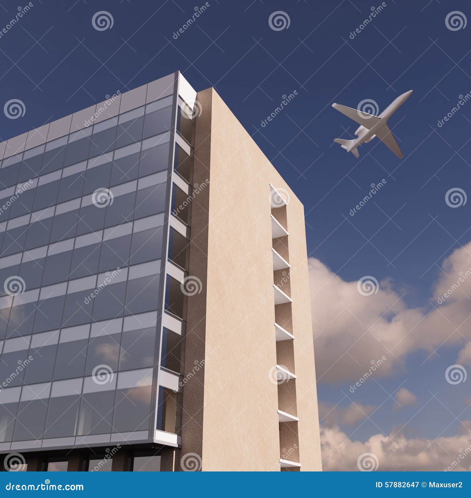 Airplane Over Office Building Stock Image - Image of render, abstract ...