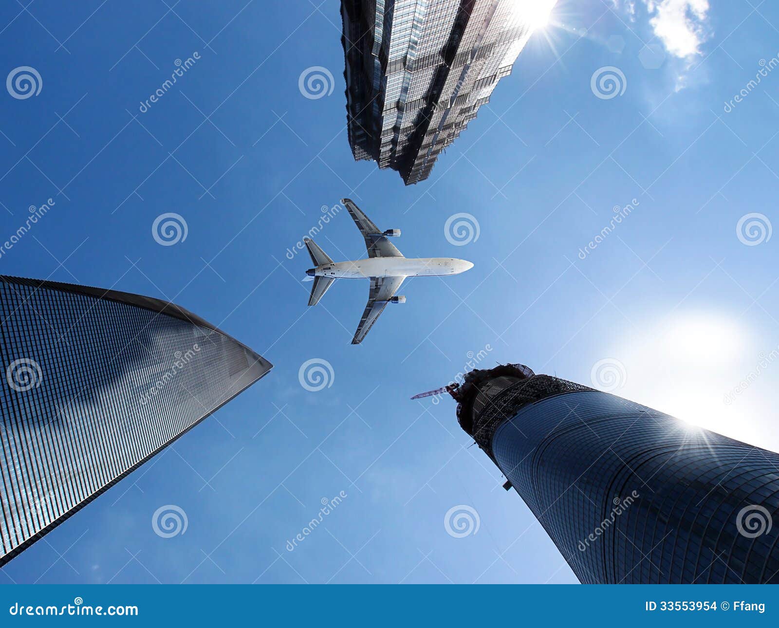 Airplane Over Office Buildings. Stock Photo - Image of land, blue: 33553954