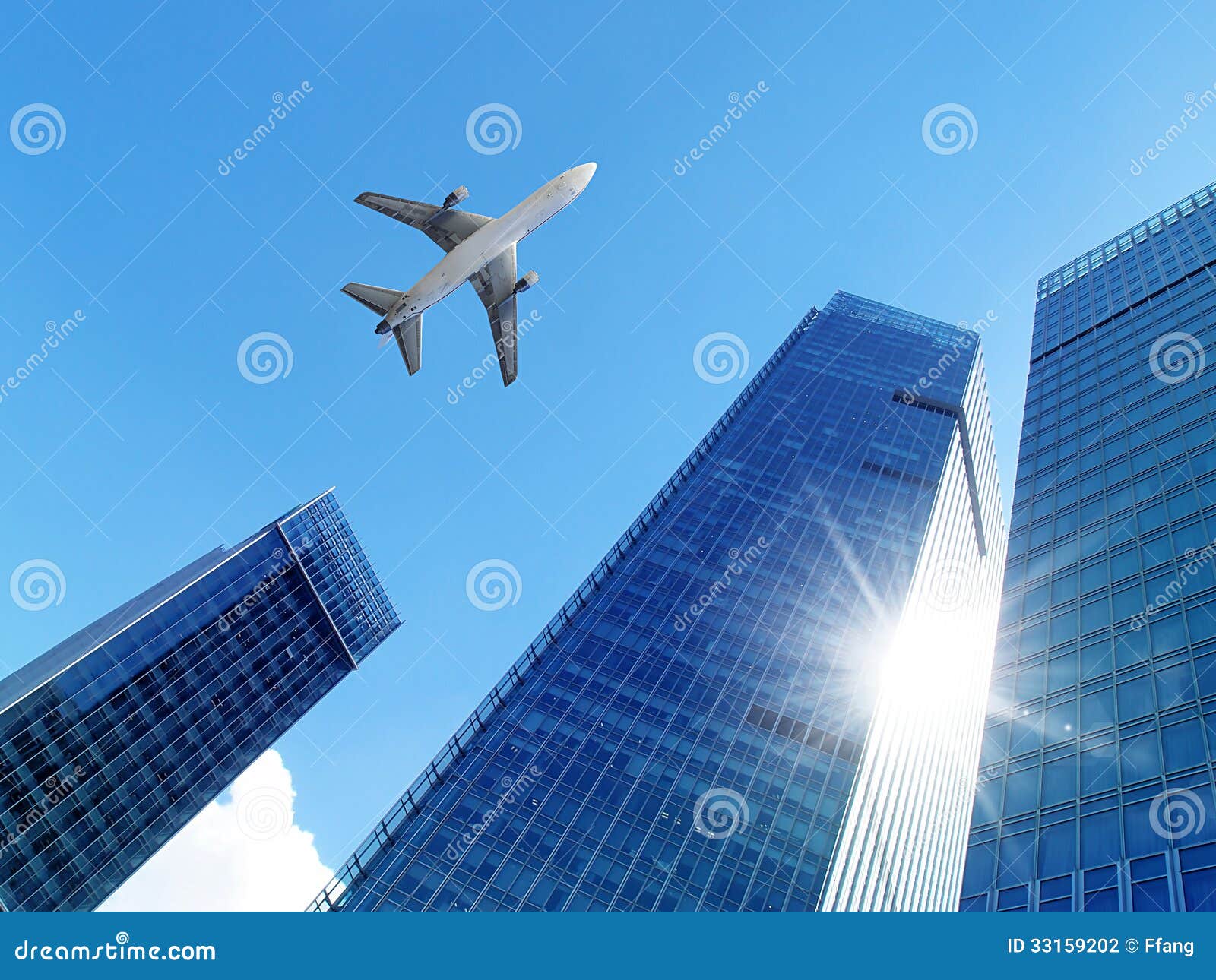 Airplane Over Office Buildings. Stock Photo - Image of business ...