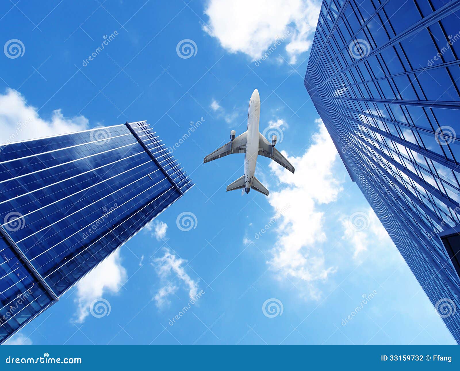 Airplane Over Office Buildings. Stock Photo - Image of land, developing ...