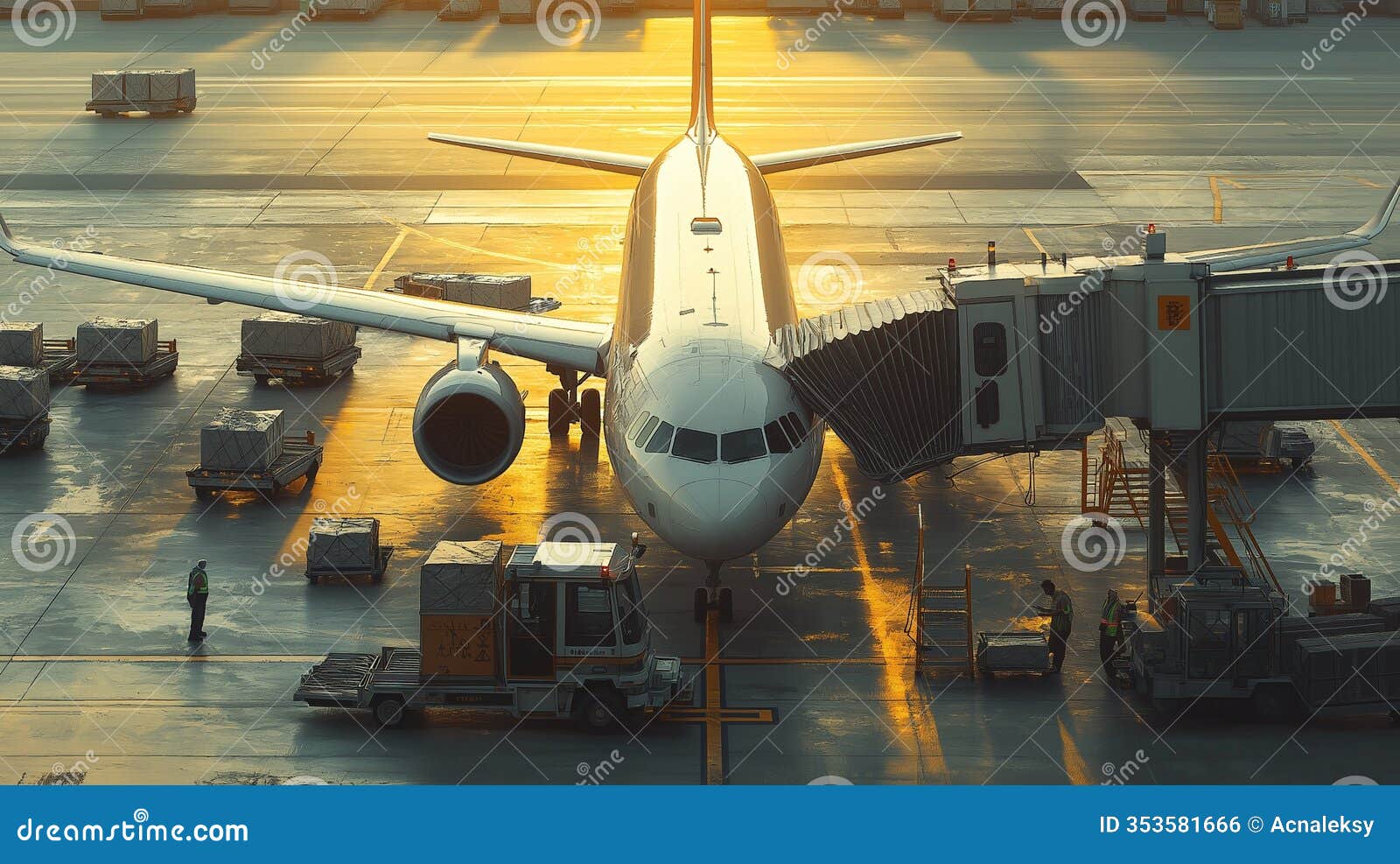 Airplane Parked at a Terminal Gate, Surrounded by Cargo Vehicles Stock ...