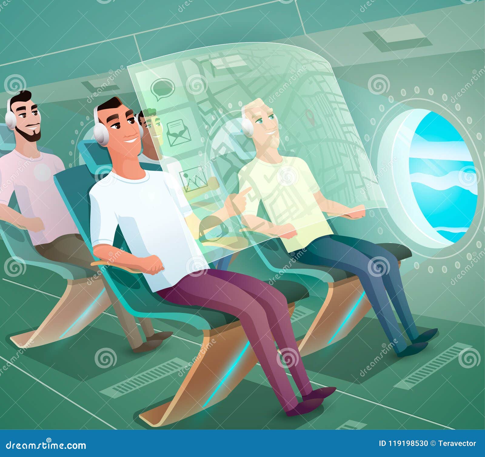 Happy Airline Clients in Futuristic Plane Vector Stock Vector ...