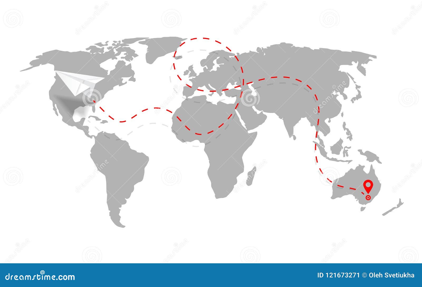 Airplane Path In Dashed Line Shape On World Map. Route Of Paper Plane ...