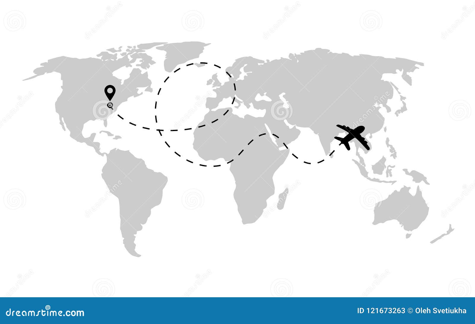 Airplane Path in Dashed Line Shape on World Map. Route of Plane with ...