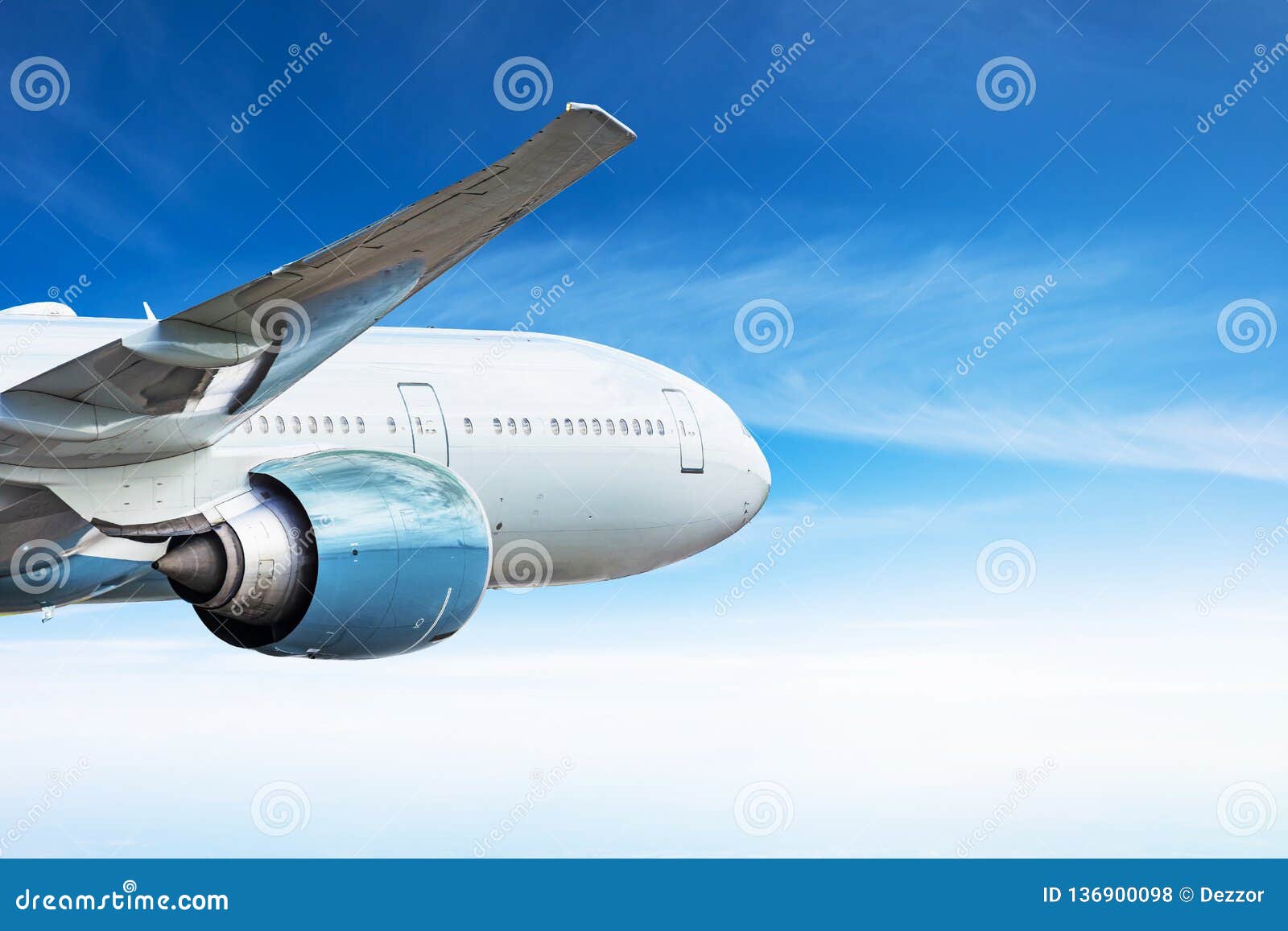 Airplane Performs Fly at Flight Level. View of the Engine Wing Stock ...