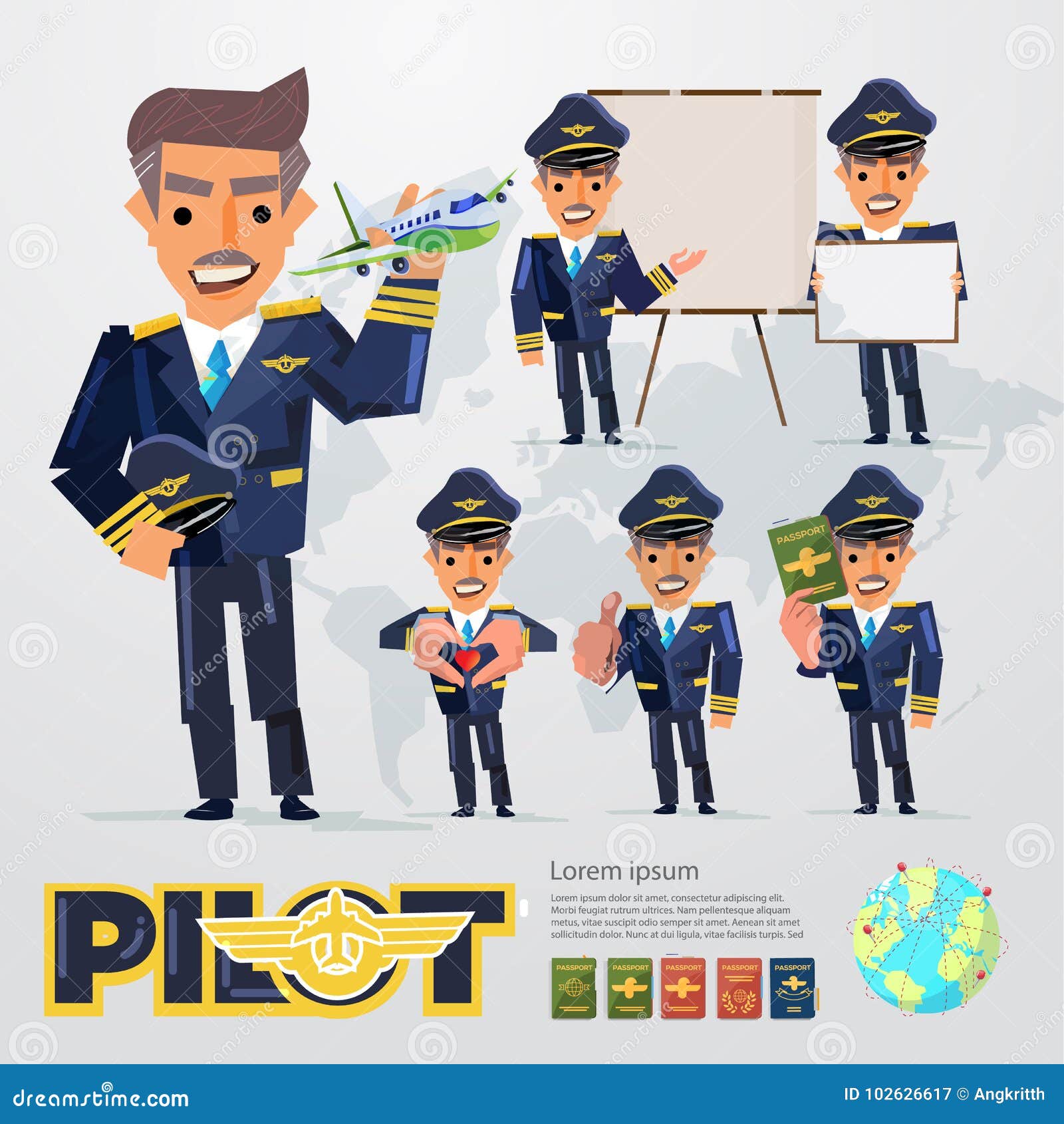 Airplane Pilot Character in Various Action with Graphic Elements ...