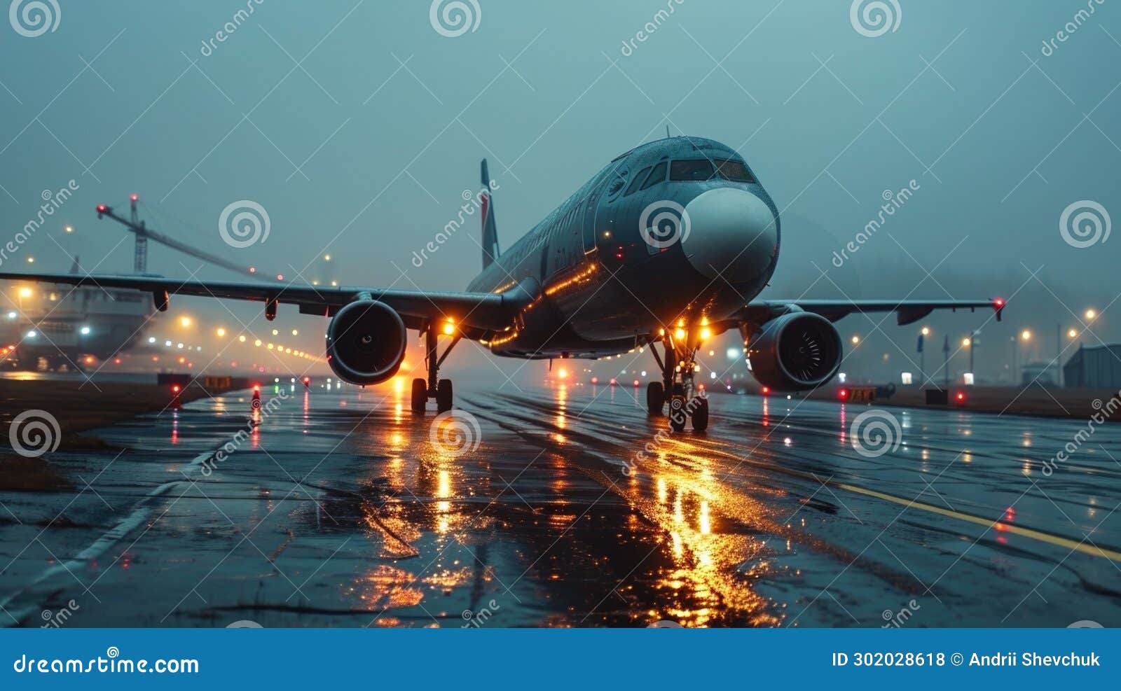 Airplane in the Rain. Night Scene Stock Illustration - Illustration of ...
