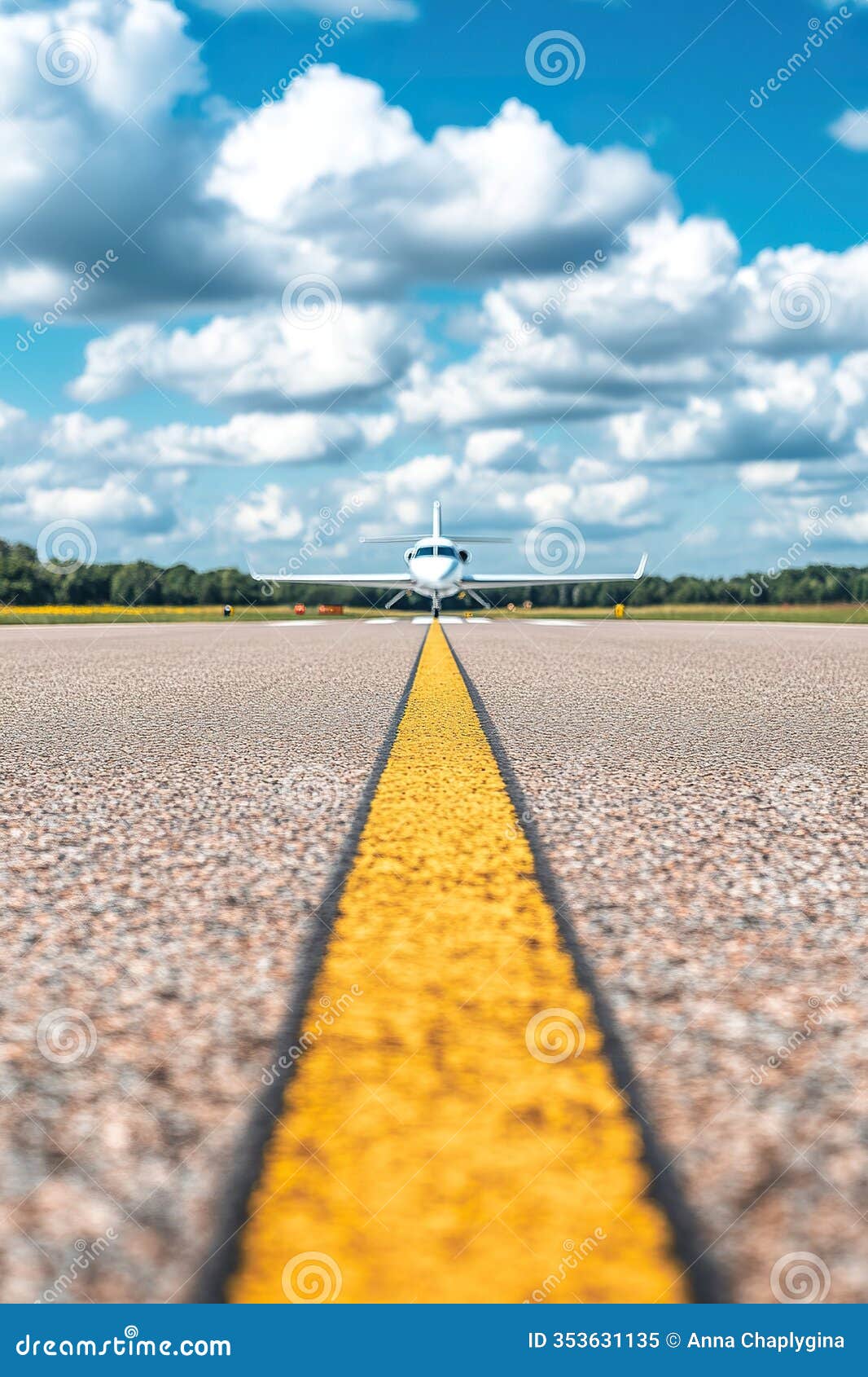 Airplane on Runway with Blue Sky and Clouds in Background Stock Image ...