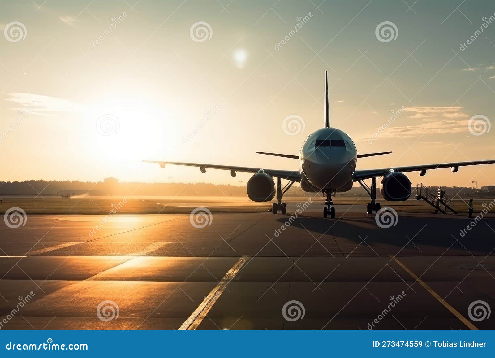 Airplane at the Runway during Sunset Stock Illustration - Illustration ...