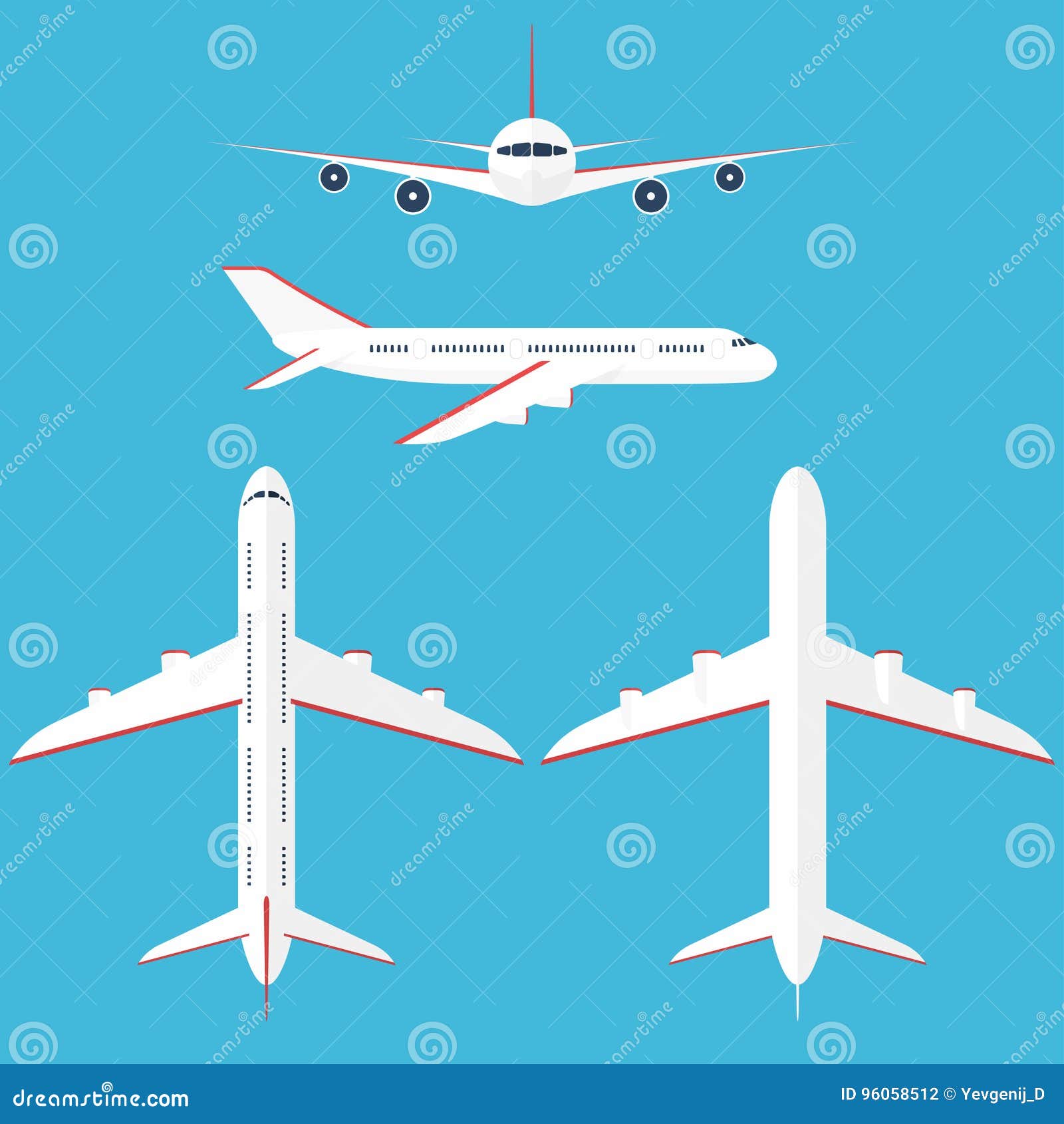 Airplane Set in the Sky. Commercial Airplane in Side, Top, Front and ...