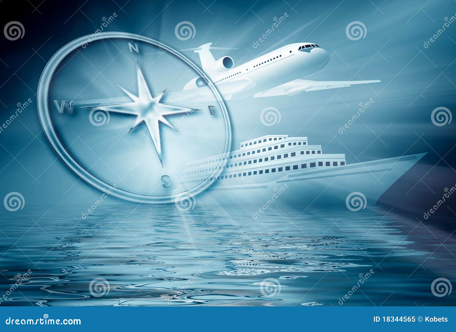 Airplane Ship Compass on Blue Background Stock Illustration ...