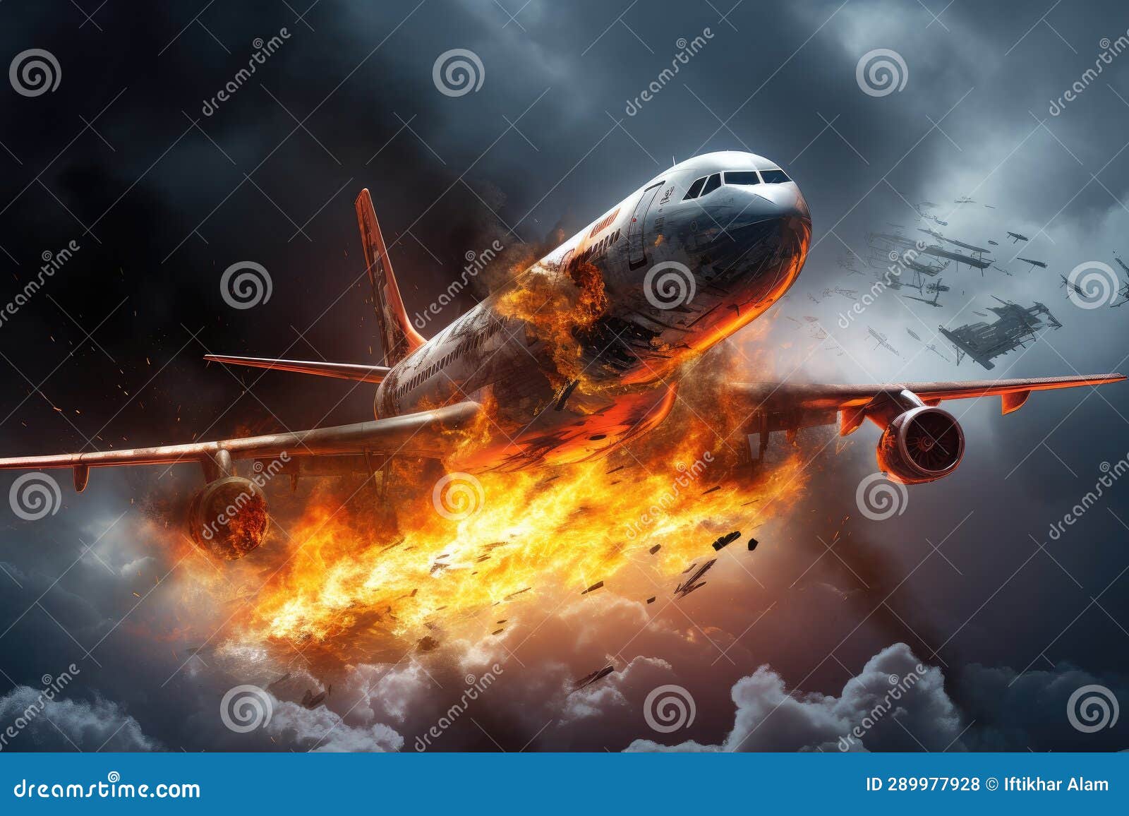 Airplane in the Sky with Smoke and Fire. 3d Rendering, Airplane with ...