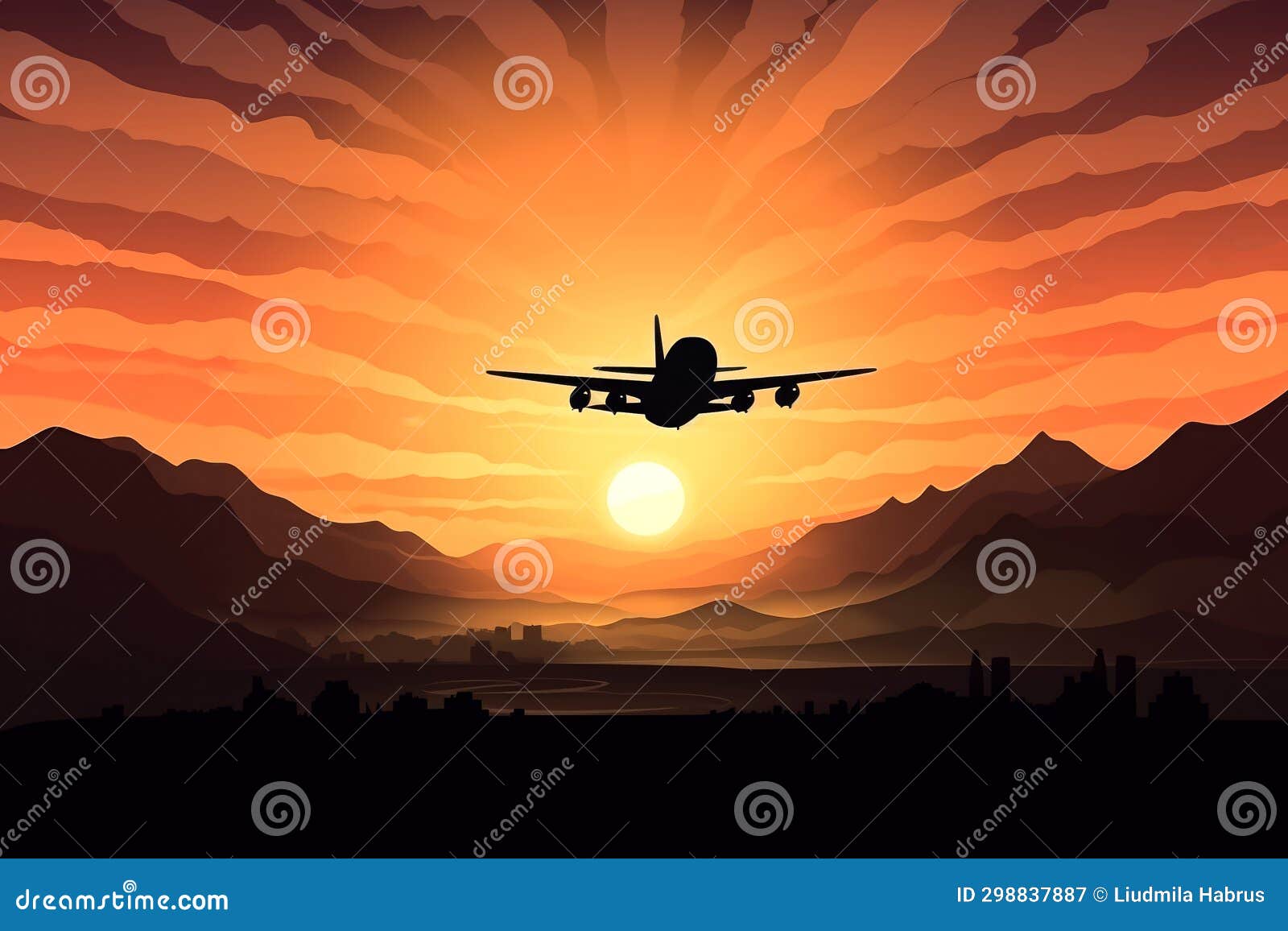 Airplane in the Sky at Sunset. Illustration of an Airplane Flying in ...
