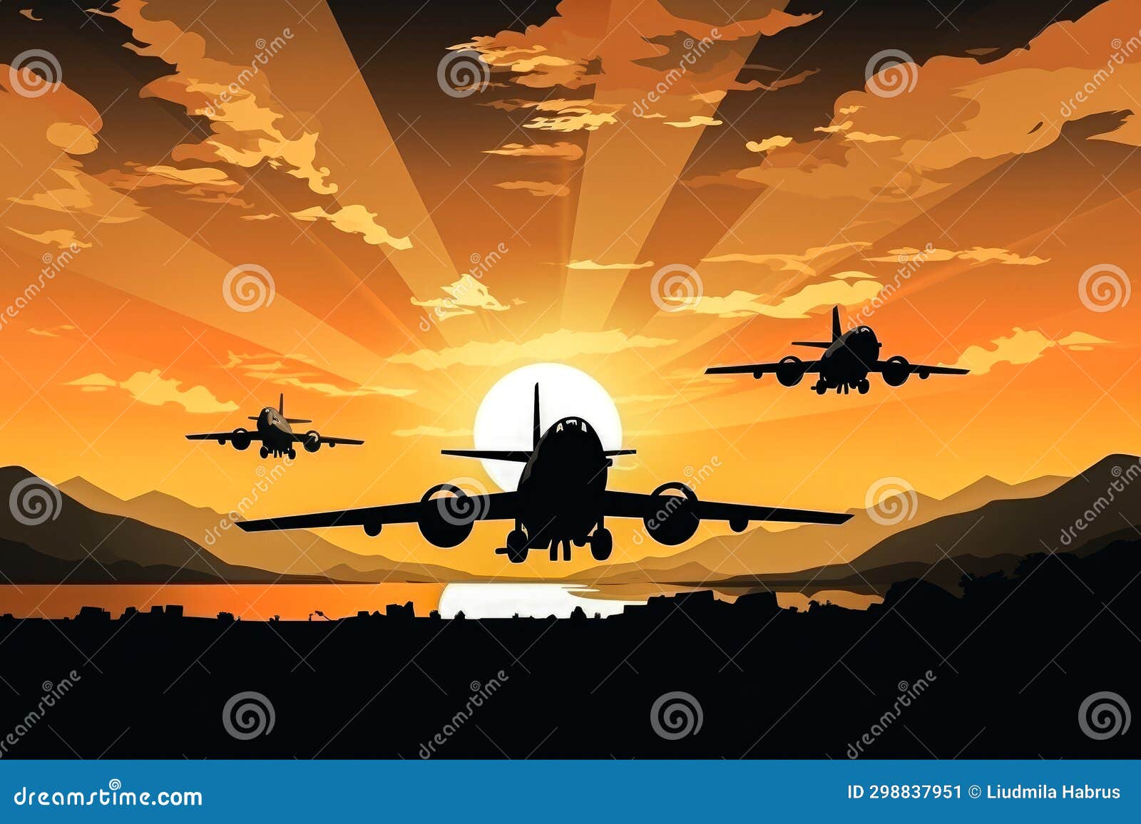 Airplane in the Sky at Sunset. Illustration of an Airplane Flying in ...