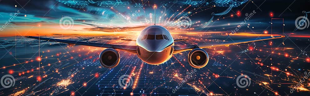 Airplane Soaring through a Data Visualization Sky at Sunset, Showcasing ...