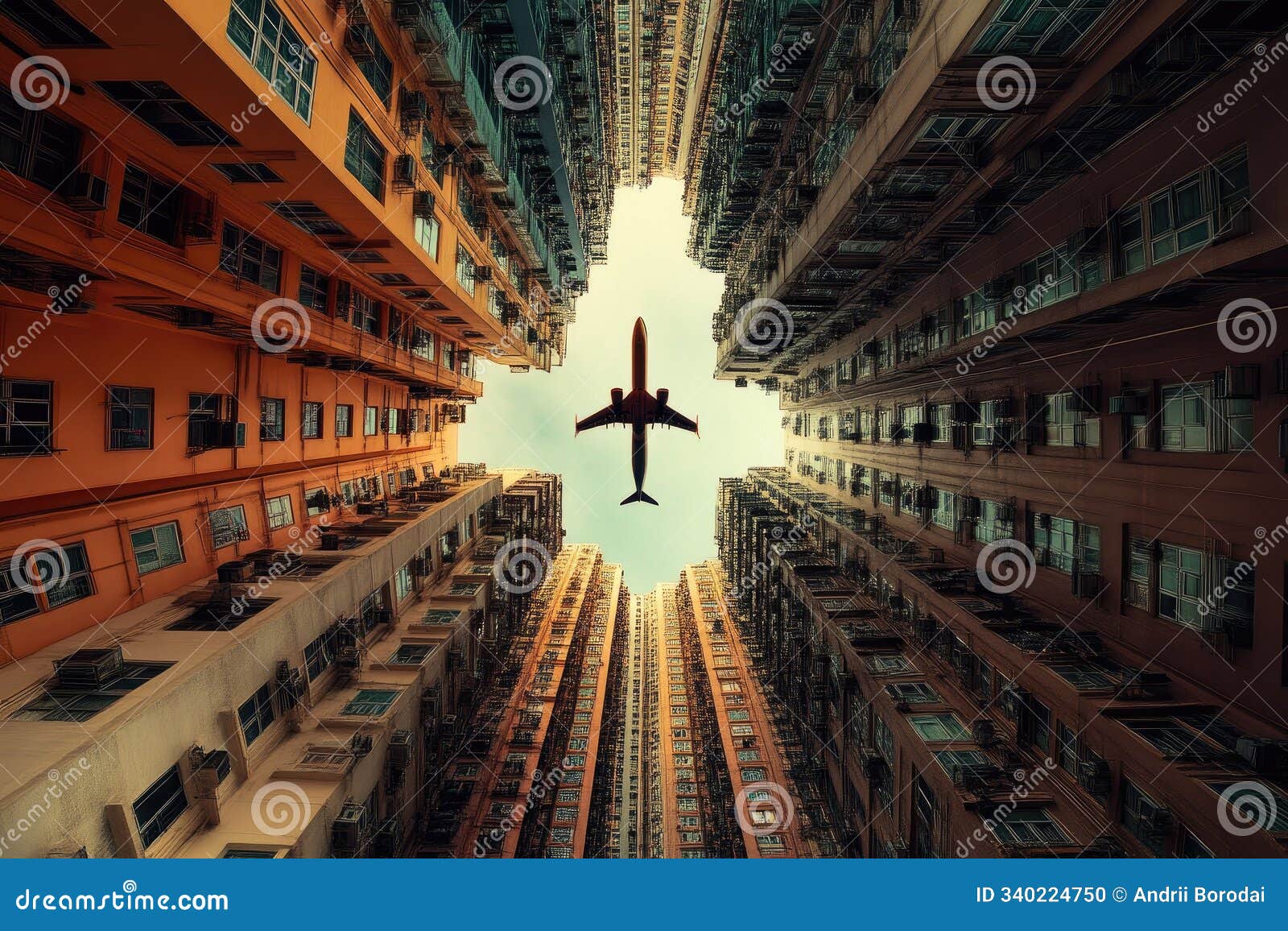 Airplane Soaring Above A Sleek, Triangular Glass Skyscraper. Stock ...