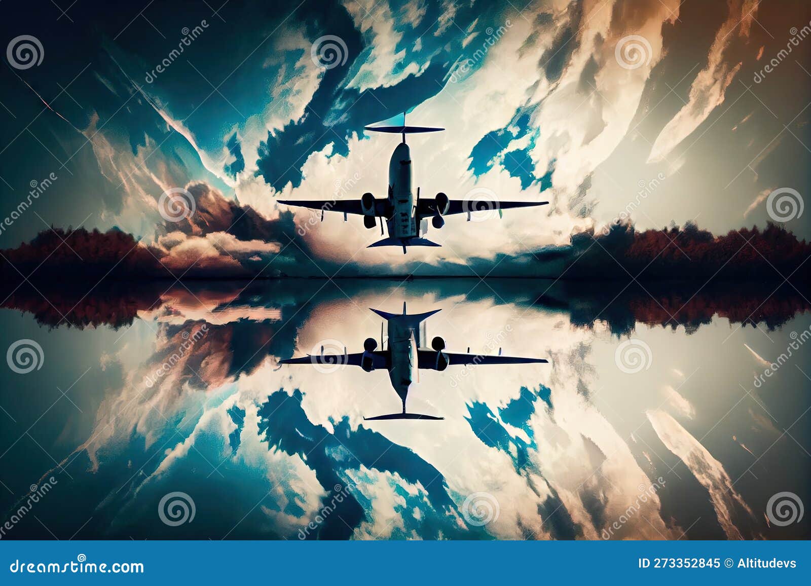 Airplane Soaring through Sky, with Reflection in the Water Below Stock ...