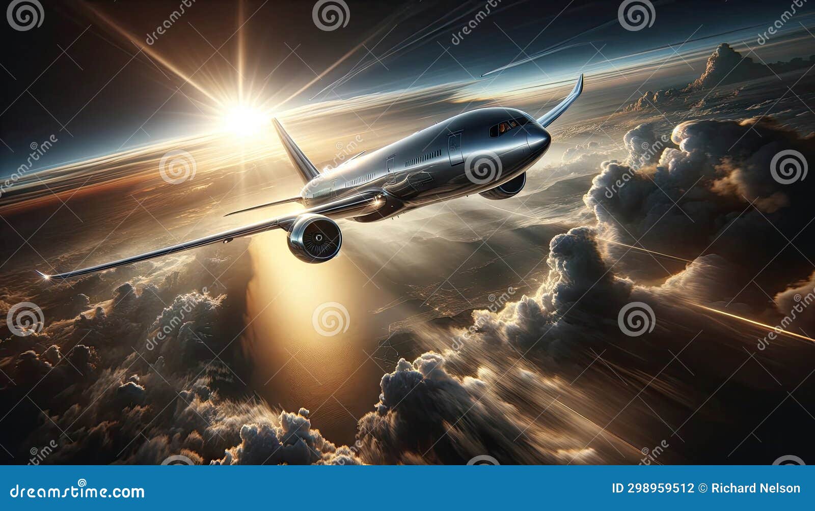 Airplane Soaring at Sunset stock illustration. Illustration of horizon ...