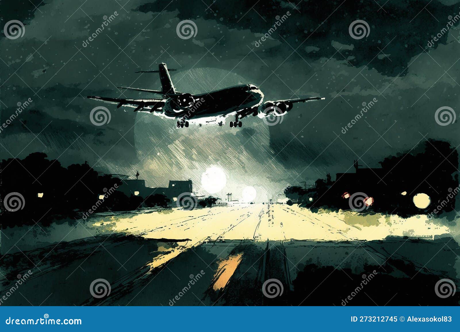 Airplane Takes Off at Night on Runway Drawing with Bit of Watercolour ...