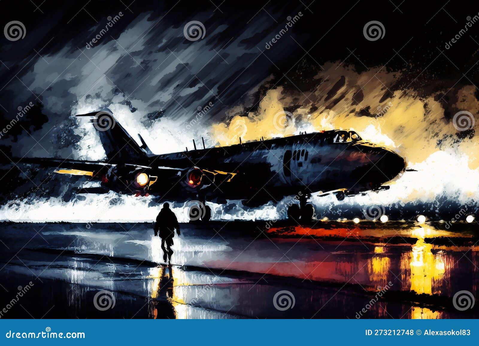 Airplane Takes Off at Night on Runway Drawing with Bit of Watercolour ...