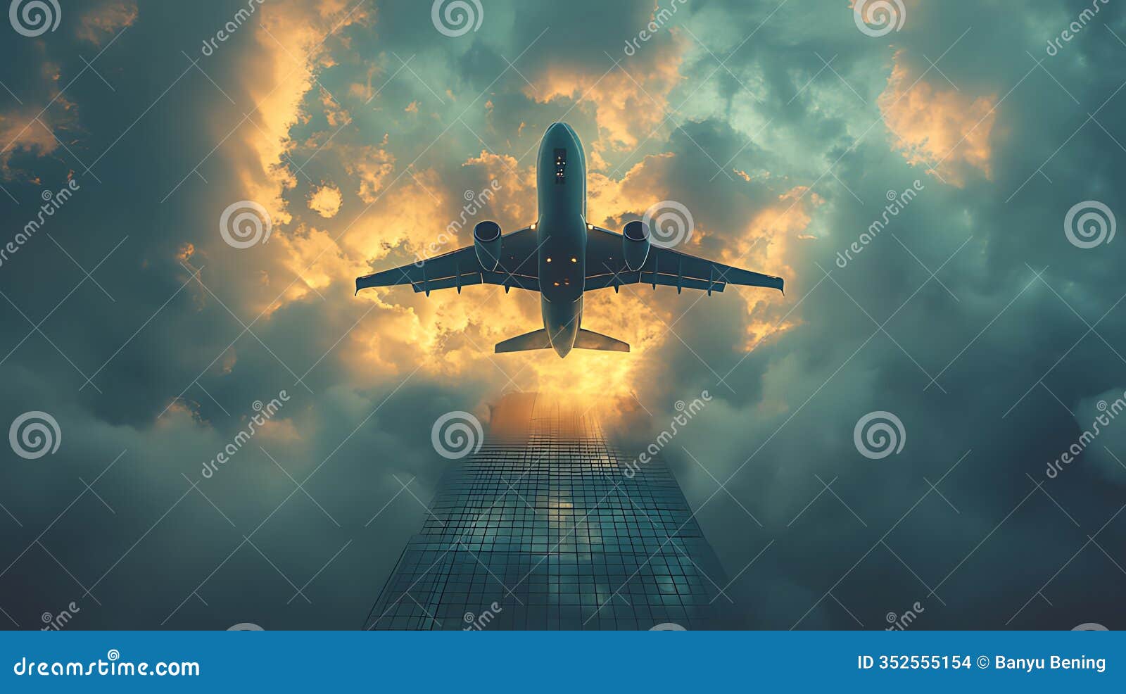 Airplane Taking Off from City with Dramatic Cloudscape and Sunlight ...