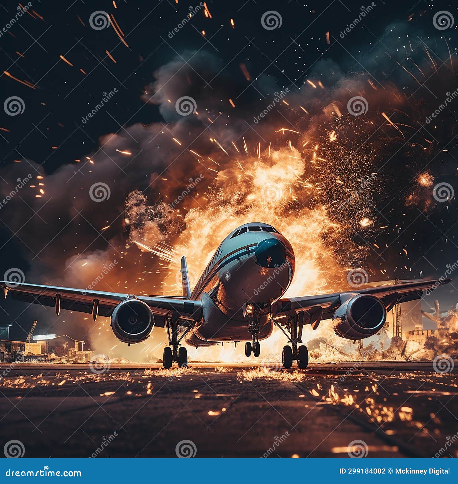 Airplane Taking Off with an Explosion Behind it at Night. Stock ...