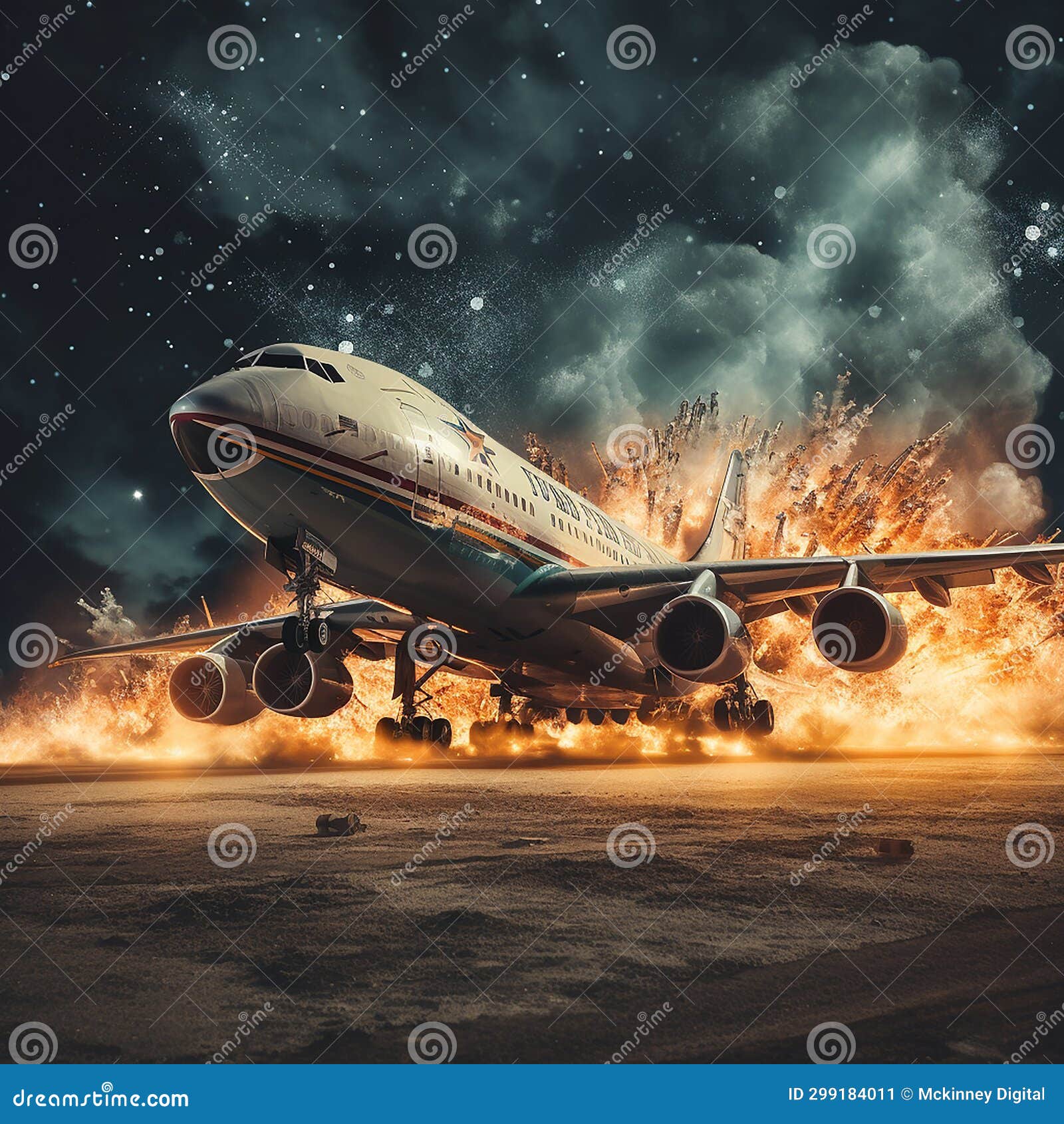 Airplane Taking Off with an Explosion Behind it at Night. Stock ...