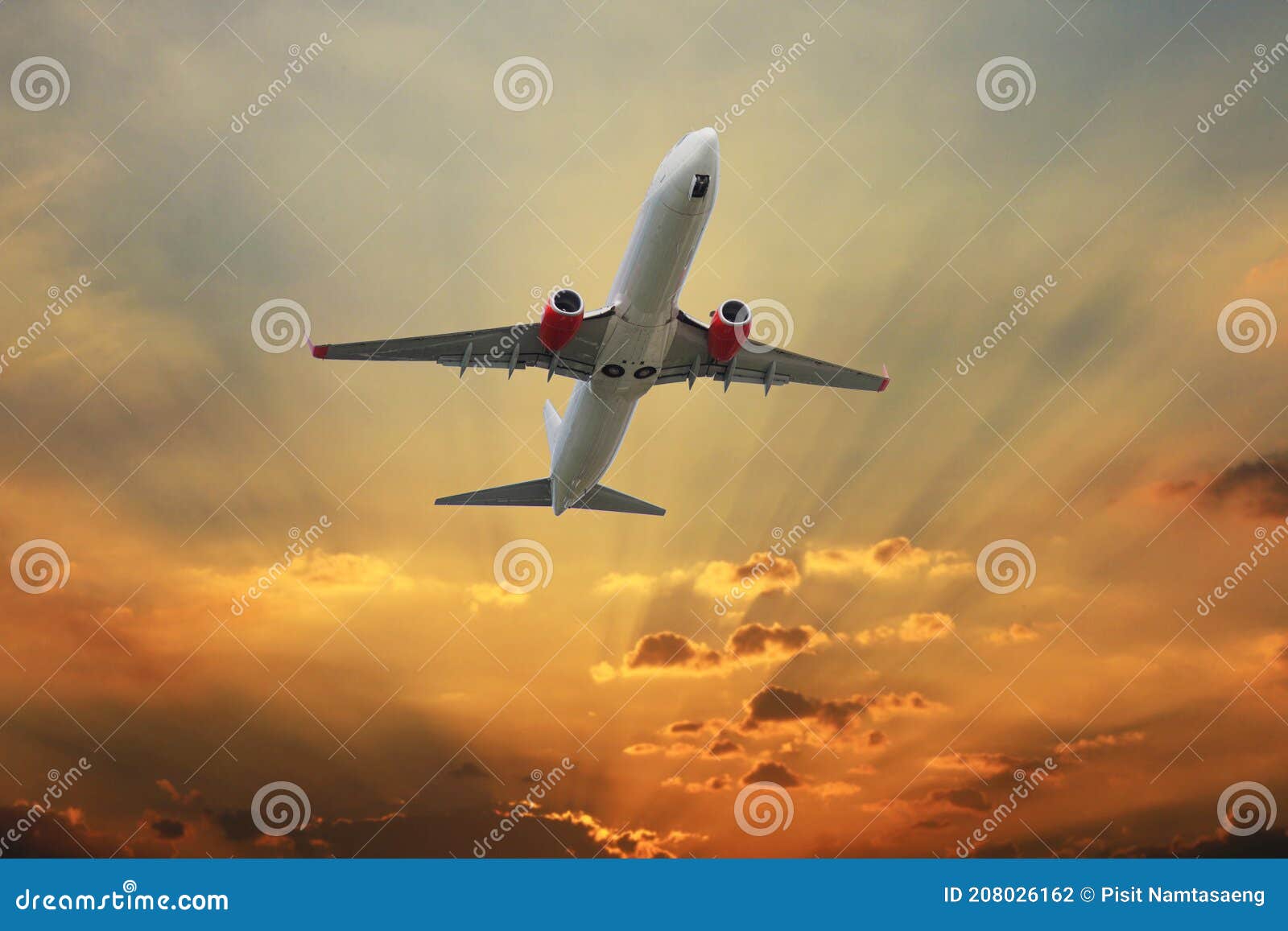 Airplane Taking Off Flying and Sunset Evening Stock Photo - Image of ...