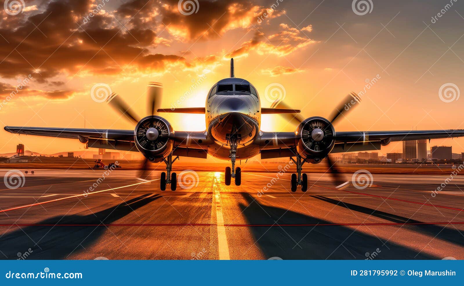 Airplane Taking Off in the Rays of the Setting Sun. Runway Shot of ...