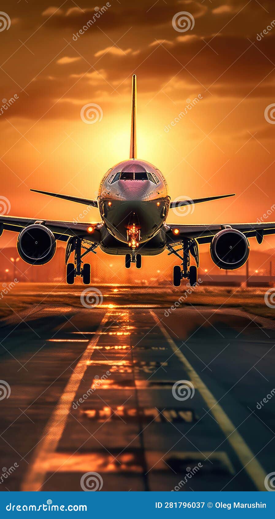 Airplane Taking Off In The Rays Of The Setting Sun. Runway Shot Of ...