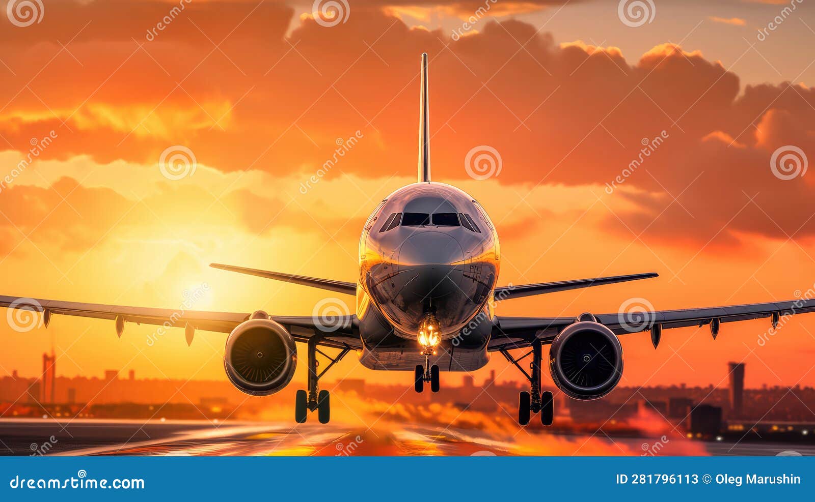 Airplane Taking Off In The Rays Of The Setting Sun. Runway Shot Of ...
