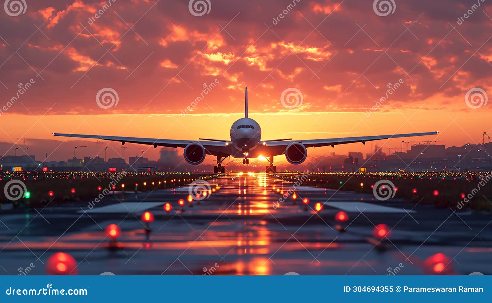 Airplane Taking Off at Sunrise Stock Illustration - Illustration of ...